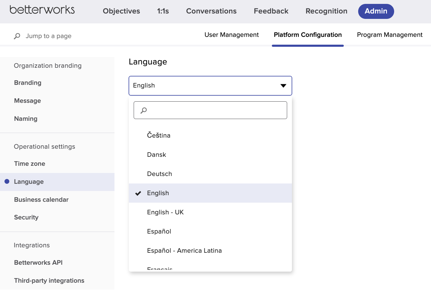 Platform Configuration: Language – Betterworks