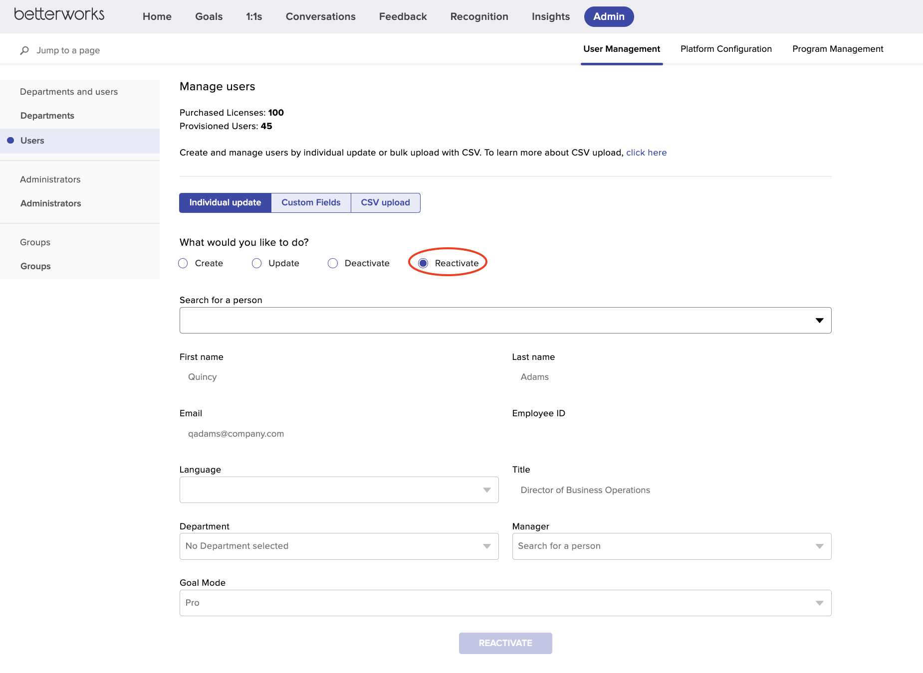 User Management: Users — Individual Update – Betterworks