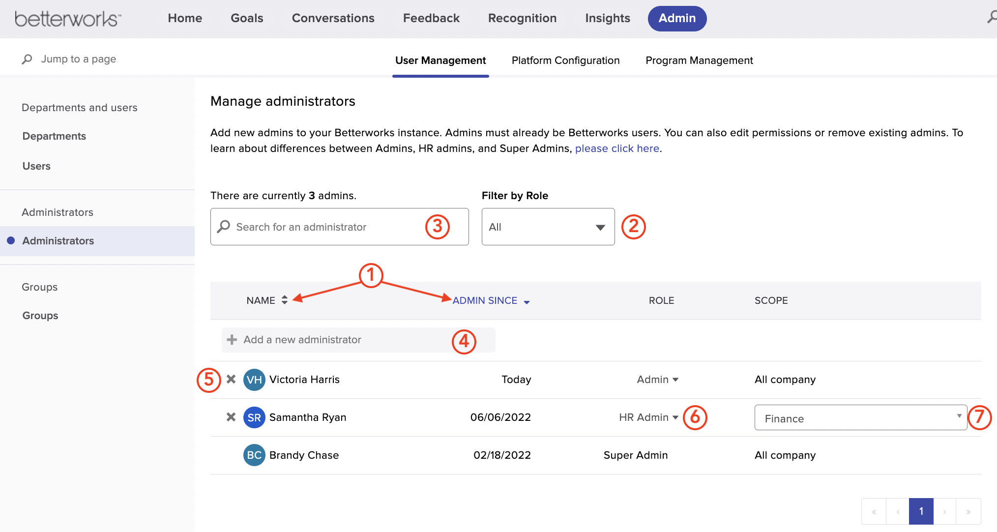 User Management: Administrators — Manage Administrators – Betterworks